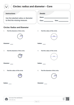 Free Circles: radius and diameter Worksheets