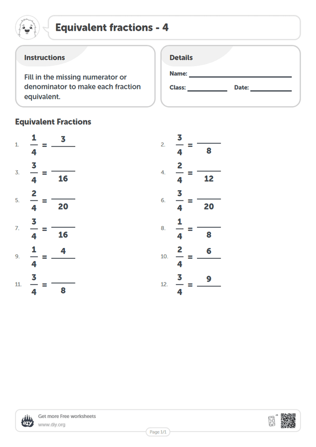 Free Equivalent fractions - 4 Worksheets