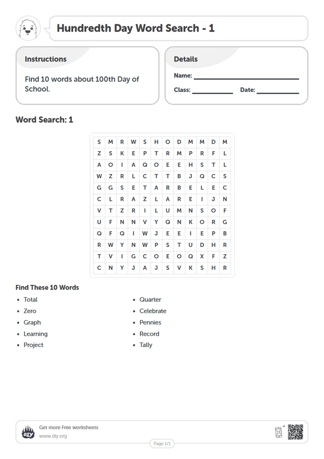 Free Hundredth Day Word Search Worksheets