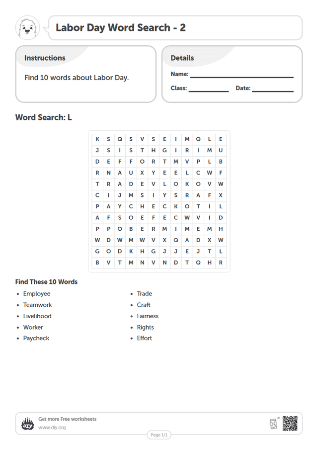 Free Labor Day Word Search Worksheets