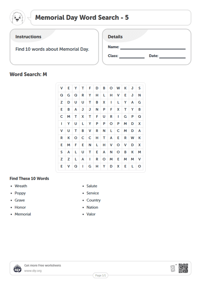 Free Memorial Day Word Search Worksheets