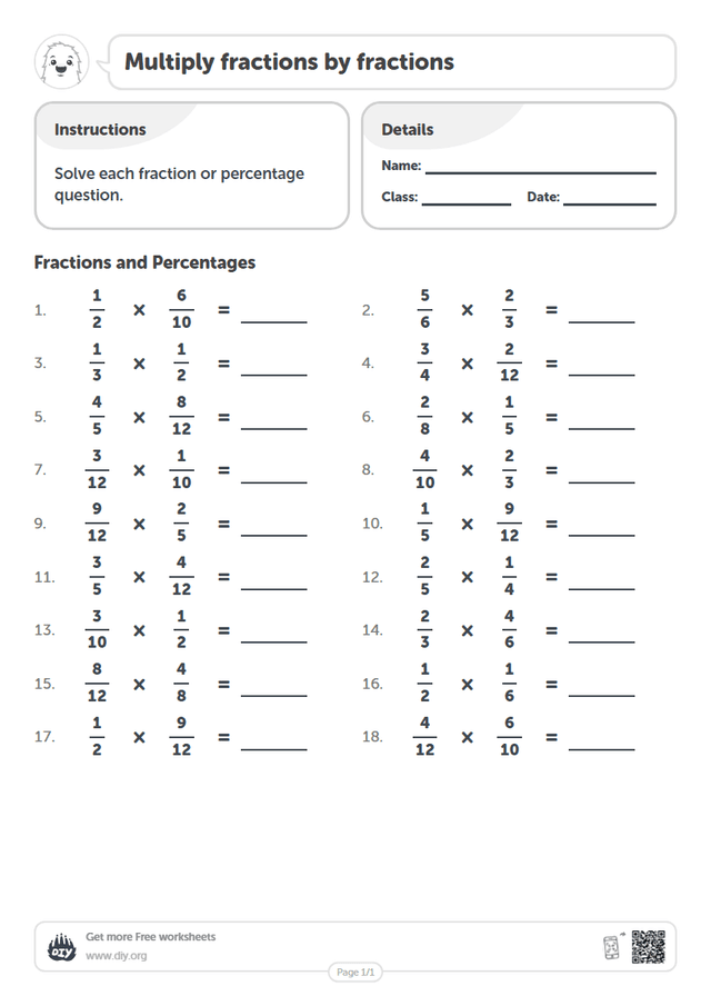 Free Multiply fractions by fractions Worksheets
