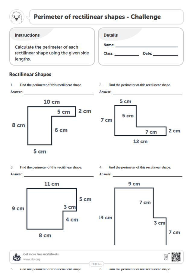 Free Perimeter of rectilinear shapes Worksheets