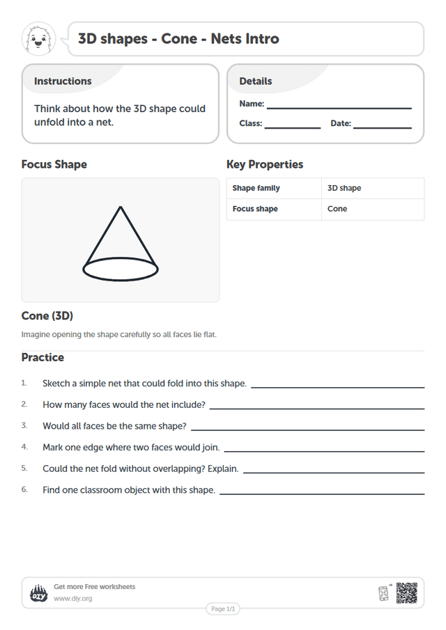 Free 3D shapes - Cone - Nets Intro Worksheets