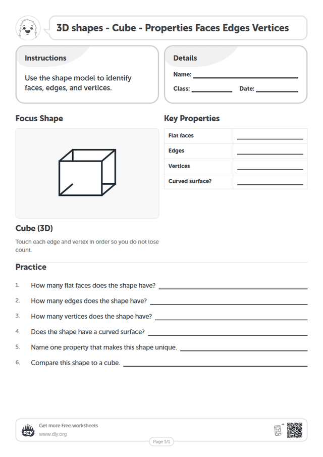 Free 3D shapes - Cube - Properties Faces Edges Vertices Worksheets