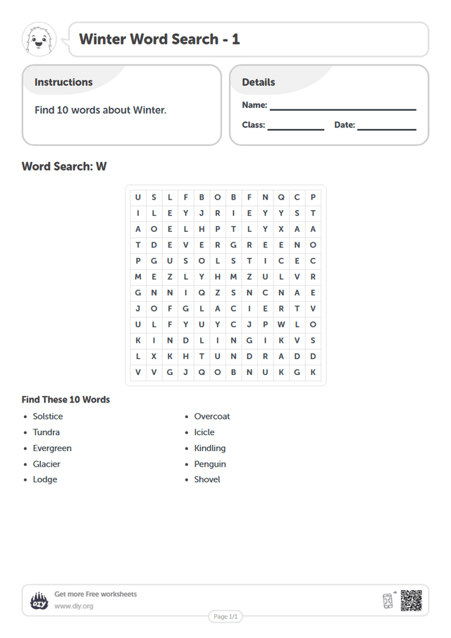 Free Winter Word Search Worksheets