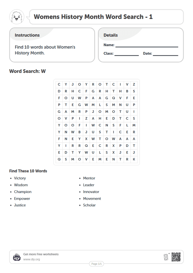 Free Womens History Month Word Search Worksheets