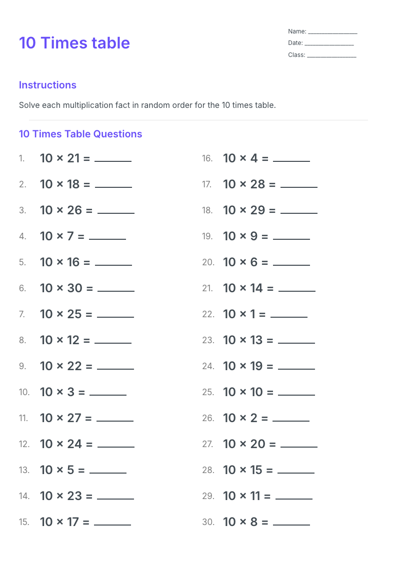 Free 10 Times table Worksheets