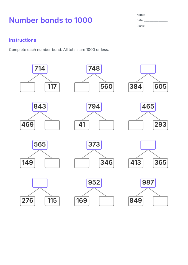 Free Number bonds to 1000 Worksheets